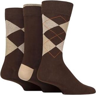 Glenmuir Lot de 3 Paires de Chaussettes Homme en Coton - New Waverley Argyle & Unies, Douces, Respirantes, Style Classique, Travail, Habill&eacute;, Taille 40-46 Brun