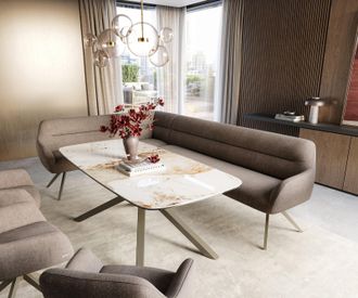 DELIFE Esszimmerbank Taya-Flex 285x190 cm Strukturstoff Soft Taupe Kreuzgestell kantig Effektfinish Titan Taschenfederkern Rechts, B&auml;nke