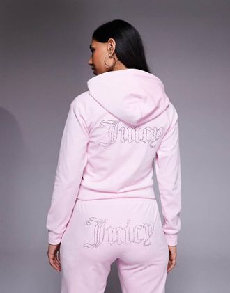 Juicy Couture Kapuzenjacke aus Velours in Babyrosa mit Rei&szlig;verschluss und Strass-Logo, Kombiteil