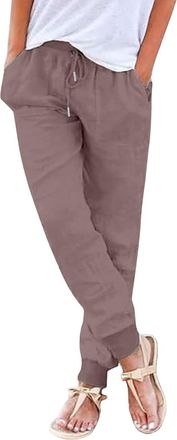 Generic Hose Damen Sommer Casual Baumwolle Leinen Stoffhose Einfarbig Freizeithose Stretch Leicht Leinenhose Straight Leg Hose und Taschen