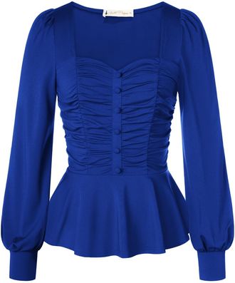 Belle Poque Peplum Tops f&uuml;r Damen Puff&auml;rmel Quadratischer Ausschnitt Ger&uuml;schte Vorderseite Blusen Oberteile