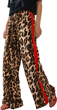 SOLY HUX Damen Leo Hose Y2K Palazzo Hose mit Leopardenmuster Weites Bein Freizeithose mit Taschen Hohe Taille Streatwear Casualhose Herbst Outfit Leoparden XL