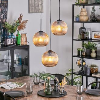 HOFSTEIN H&auml;ngeleuchte Koyoto, 3-flammige H&auml;ngelampe aus Metall/Riffelglas in Schwarz/Bernsteinfarben, moderne Pendelleuchte im Retro/Vintage-Design (Schirme &Oslash; 