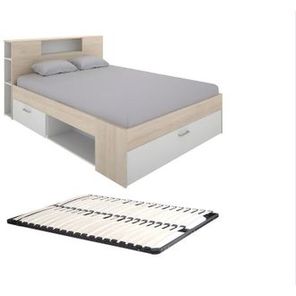 Vente-Unique Vente-unique - Lit avec t&ecirc;te de lit rangements et tiroirs - 160 x 200 cm - Coloris : Naturel et blanc + Sommier - leandre