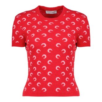 Marine Serre Femme, Tops, Rouge, Taille: 38 FR T-shirt Col Rond Bouclette Jacquard Lune