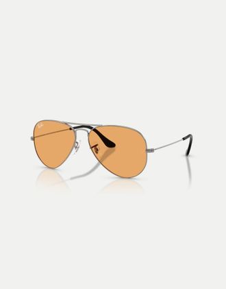 Ray-Ban Lunettes de soleil aviateur oversize large en m&eacute;tal &agrave; verres orange - Gris acier
