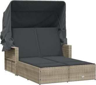 vidaXL Doppelliege mit Sonnendach und hellgrauen Kissen aus Rattan