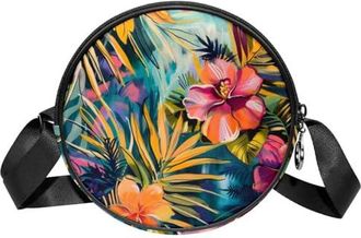 Generic Petit sac &agrave; bandouli&egrave;re rond pour femme, motif plantes tropicales, sac &agrave; dos avec fermeture &eacute;clair, bretelles r&eacute;glables, sac &agrave; main rond d&eacute;contract&eacute; p