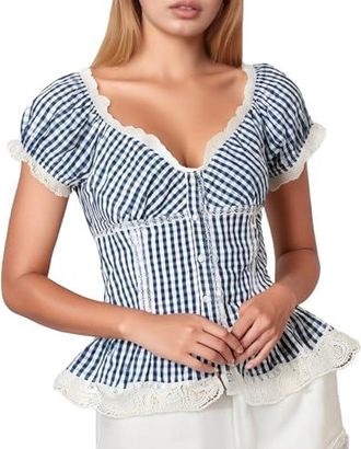 Generic T-shirt r&eacute;tro &agrave; carreaux pour femme avec bordure en dentelle et boutons de taille pour femme, bleu, S