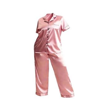 Generic YUJIEBB Ensemble de pyjama en satin grande taille pour femme, haut &agrave; manches courtes et pantalon long, v&ecirc;tements de nuit 2 pi&egrave;ces, col crant&eacute; et bouto