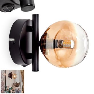 HOFSTEIN Wandleuchte Chehalis, Wandlampe aus Metall/Glas in Schwarz/Bernstein, Leuchte im modernen Retro/Vintage-Design mit Schirm aus Glas (&Oslash; 10 cm) u. An/-Au