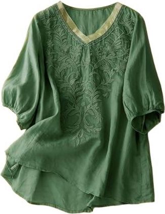 Generic T-shirt &eacute;l&eacute;gant pour femme - Col en V - Chemise en lin pour femme - Manches courtes - Broderie - Chemisier d&eacute;t&eacute; vintage - Chemisier d&eacute;t&eacute; tendance - Ch