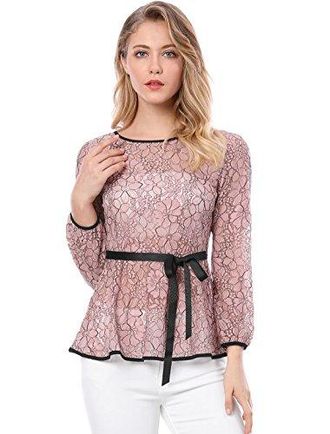 Allegra K Chemisier &agrave; Manches Longues pour Femme - Dentelle Peplum, Rose, 44