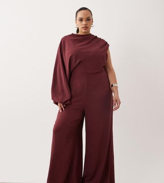 Asos Curve ASOS DESIGN Curve - Combinaison asym&eacute;trique &agrave; manche bouffante et d&eacute;coupe - M&ucirc;re-Brown