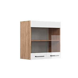 Vicco Meuble de Cuisine Haut vitr&eacute; R-Line, Blanc Haute Brillance/Ch&ecirc;ne de Force dor&eacute;, 60 cm