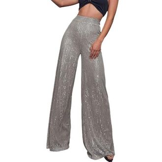 Generic Pantalon palazzo &agrave; paillettes taille haute et jambes larges pour femme, pour f&ecirc;te, discoth&egrave;que, f&ecirc;te, pantalon &eacute;vas&eacute;, gris, 3XL