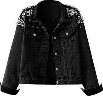 Generic 2026 Femmes Vestes Perles Perles Denim Slim Brod&eacute; Court Jean Manteau Outwear, Noir, XL