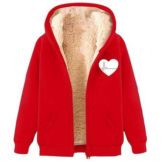Generic Veste zippée pour femme avec imprimé coeur - Sweat à capuche classique pour femme - Vintage doublé Sherpa - Manteaux dhiver pour femme, Rouge, XXL