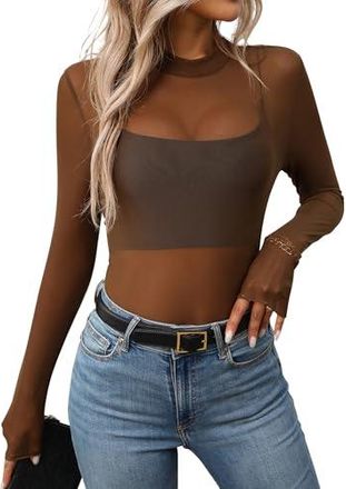 Feoya Hauts Transparents Femme T-Shirt &agrave; Manches Longues Adultes Top en Maille Sexy Haut Moulant El&eacute;gant Blouse Sheer Club Marron S