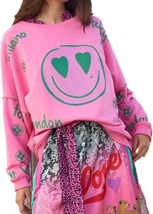 Miss Goodlife MG12995 Damen Sweatshirt Roundneck Heartface City Strass Print, flashrose/Green, M