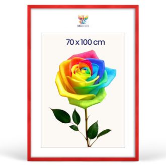 MG Design Bilderrahmen 70 x 100 cm - Posterrahmen mit Rot Holzrahmen (Echtholz) und bruchsicherem Acrylglas, Hoch & Quer mit verst&auml;rkter Wandaufh&auml;ngung