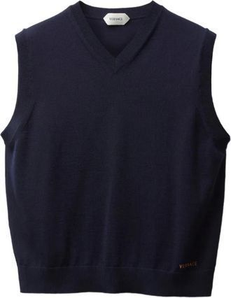 Versace Homme, Pulls, Bleu, Taille: S Gilet en maille de laine brod&eacute;e