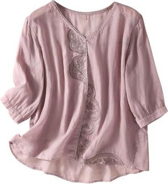 Generic Chemisier ample &agrave; col en V pour femme | Tunique douce &agrave; manches mi-longues avec d&eacute;tails appliqu&eacute;s, chemise d&eacute;t&eacute; d&eacute;contract&eacute;e l&eacute;g&egrave;re et respirante pour