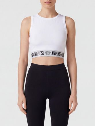 Versace Kurzes, schmal geschnittenes Top aus Baumwollmischung mit Greca und Medusa-Logo