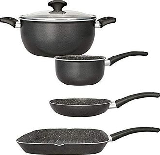 San Ignacio Set Casual Topfset Gourmet, gepresstem Aluminium, anthrazit, Stielkasserolle &Oslash;16 &Oslash;20 Pfanne Grill-Pfanne 28 x 28 Kochtopf &Oslash;24 cms. mit Deckel aus Glas