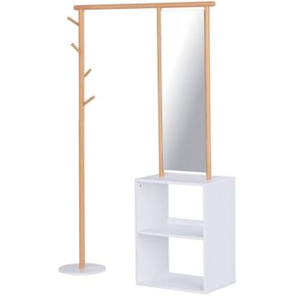 HOMCOM Porte-manteaux meuble dentr&eacute;e vestiaire penderie avec miroir 4 pat&egrave;res 2 niches dim. 100L x 34l x 164H cm MDF blanc bois massif bambou-Blanc