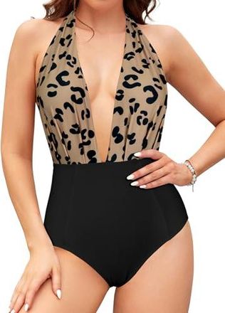 SHEKINI Maillot de Bain Une Pièce pour Femme Col en V Profond Réglables Monokini Dos Nu Eté Beachwear (Noir/Léopard, XXL)