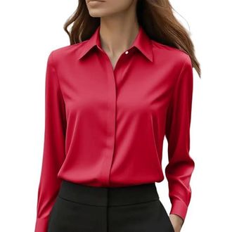 Generic Chemisier en satin pour femme avec col en V &eacute;l&eacute;gant, boutonnage descendant, manches longues - Haut d&eacute;contract&eacute; pour le travail - Chemise ample profess