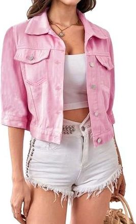 Generic Veste courte en jean &agrave; manches 3/4 pour femme avec revers uni et poches, rose, XXL