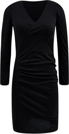 Generic Robes amincissantes 2022 pour femmes, jupe tendance, couleur unie, manches longues, col en V, longueur professionnelle, mince, &eacute;l&eacute;gante, Noir, XL