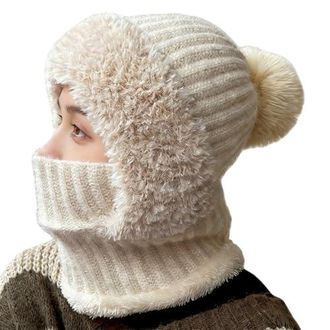 Generic Bonnet 3 en 1 pour femme avec doublure en polaire coupe-vent chaud tricot&eacute; - Cagoule dhiver - Masque de ski - Cache-cou pour temps froid, kaki clair, 