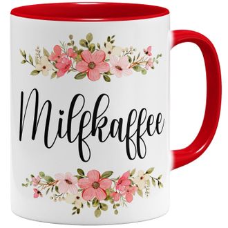 OM3 witzige Milfkaffee Kaffee-Tasse mit Spruch - Milf Blumig Kitschig - Keramik Becher - 11oz 325ml - Beidseitig Bedruckt - Rot