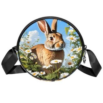 Generic Petit sac &agrave; bandouli&egrave;re circulaire pour femme, motif floral, lapin, sac &agrave; dos &agrave; bandouli&egrave;re avec fermeture &eacute;clair, bretelles r&eacute;glables, sac &agrave; main ron