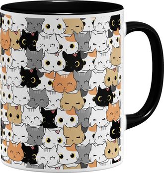 OM3 süße Kaffee-Tasse mit Katzen Cat Tasse mit Katzenmotiv Katze II | Keramik Becher | 11oz 325ml | Rundumdruck | Schwarz