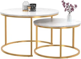 IDMarket Lot de 2 Tables Basses gigognes Alaska Rondes 54/70 Effet marbre et Pied dor&eacute;