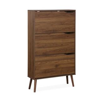 Sweeek Meuble &agrave; Chaussures scandinave d&eacute;cor Noyer 3 Portes abattantes capacit&eacute; 18 Paires de Chaussures