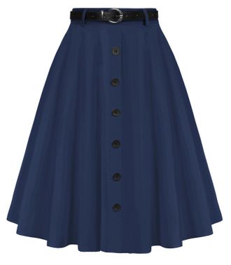 Belle Poque Damen Vintage R&ouml;cke Stretch Hohe Taille A-Linie Midi R&ouml;cke mit Taschen & G&uuml;rtel