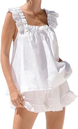 Generic Pyjama de No&euml;l assorti &agrave; manches longues pour femme, ensemble de 2 shorts, d&eacute;bardeur &agrave; bretelles volant&eacute;es, taille &eacute;lastique, short &agrave; jambes larges, e