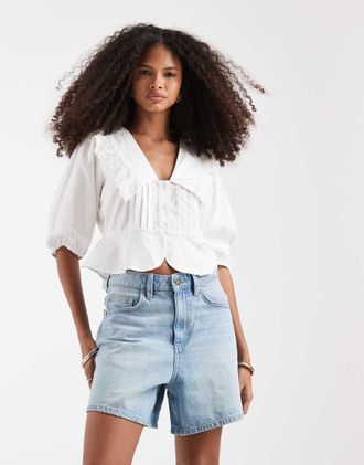 Neon Rose Blouse &agrave; manches longues et col volant&eacute; - Blanc