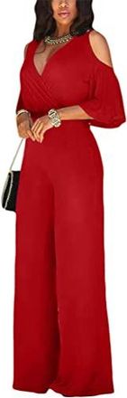 ORANDESIGNE Femmes Combinaison Manches Courtes Col en V Couleur Unie Barboteuse Jumpsuit été Chic Pantalon Large Taille Haute Casual Combishort avec Ceinture Déco