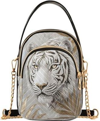 Mnsruu Petit sac &agrave; main en cuir avec motif tigre blanc et feuilles dor&eacute;es 3D pour femme
