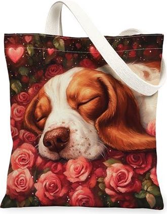 Generic Basset Hound Sac fourre-tout en toile pour faire du shopping 33 x 38,1 cm, sac d&eacute;picerie r&eacute;utilisable pour la Saint-Valentin, motif roses romantiques,