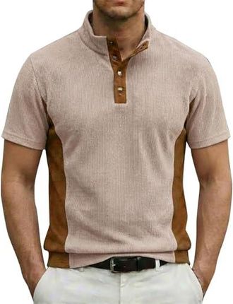 Generic T-shirts en velours c&ocirc;tel&eacute; pour homme &agrave; manches courtes et col montant demi-bouton - Pull tendance de couleur contrast&eacute;e - Grande taille - Doux &agrave; port