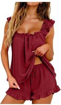 Generic Pyjama 2 pi&egrave;ces pour Femme, sans Manches, &eacute;t&eacute;, avec d&eacute;bardeur et Short (Red,M)