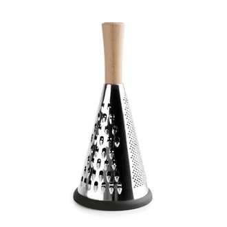 Lacor 61366 - Konische Reibe aus Edelstahl, Griff aus Buchenholz, drei Arten von Gitterrosten, rutschfester Boden, 12 cm x 27 cm