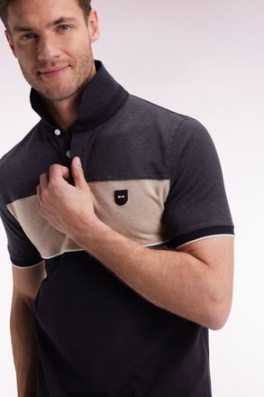 Eden Park Polo Tricolore Manches Courtes En Piqu&eacute; Coton Stretch Gris Coupe Slim